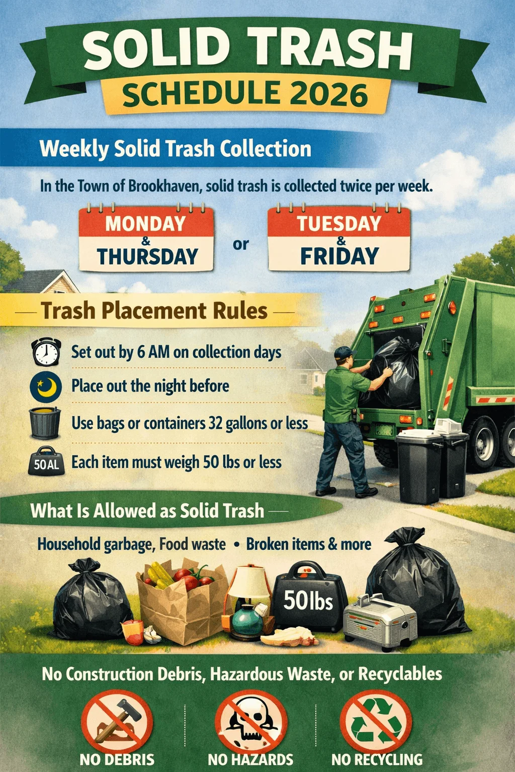 Town of Brookhaven Garbage Schedule 2026 (Holidays, Recycling & Bulk ...